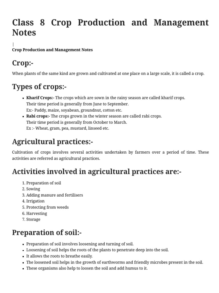 Class 8 Crop Production and Management Notes - BrainIgniter | PDF ...