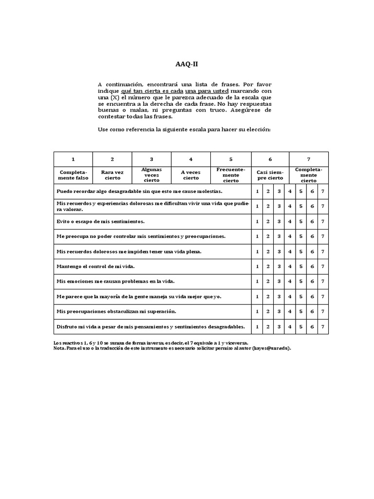 AAQ II - VALIDACIÓN MEXICANA | PDF | Alfa de Cronbach | Cognición