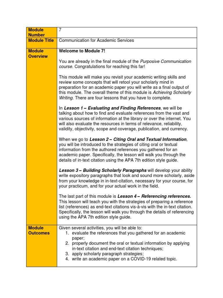 Module 7 Communication For Academic Purposes | PDF | Academic Dishonesty | Libraries