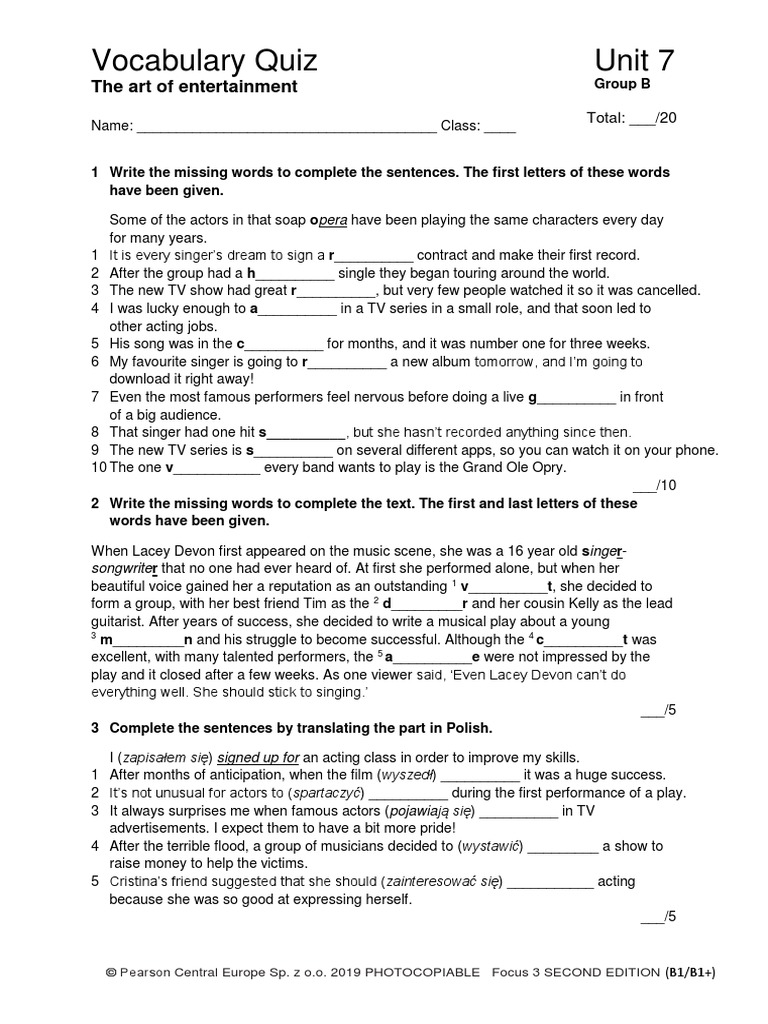 Focus3 2E Vocabulary Quiz Unit7 GroupB | PDF