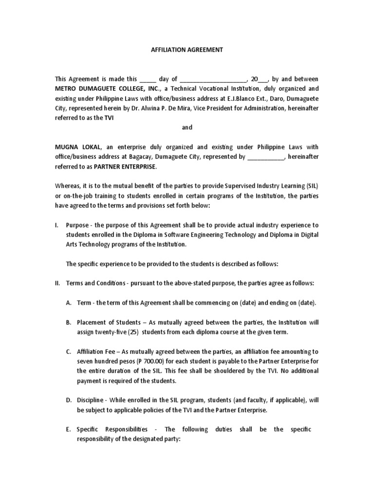 SIL Affiliation Agreement | PDF | Learning | Private Law