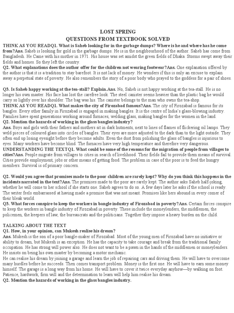 LOST SPRING - Textual Question - Answers | PDF | Child Labour | Metaphor