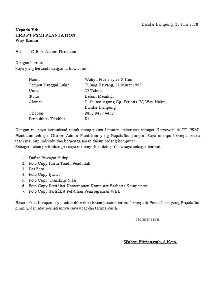 Berkas Lamaran Kerja PT PSMI Plantation Way Kanan Wahyu Fitriansyah-Dikonversi | PDF | Karier ...