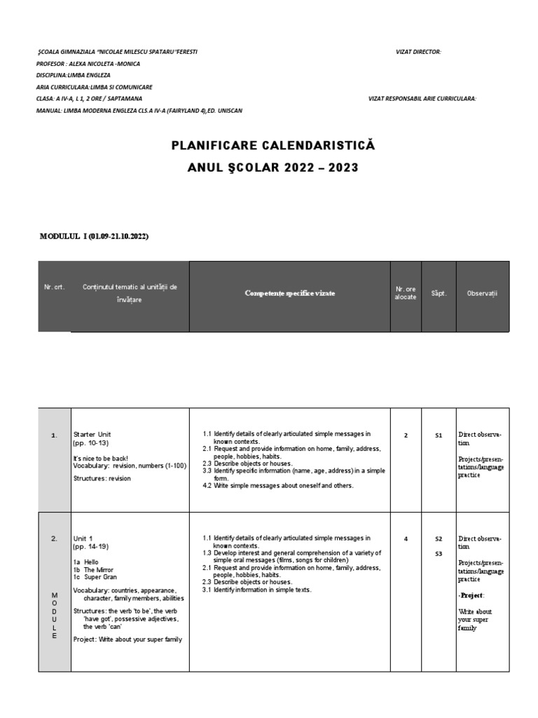 Planificare Calendaristica Clasa A IV-a | PDF | Syntax | Human ...