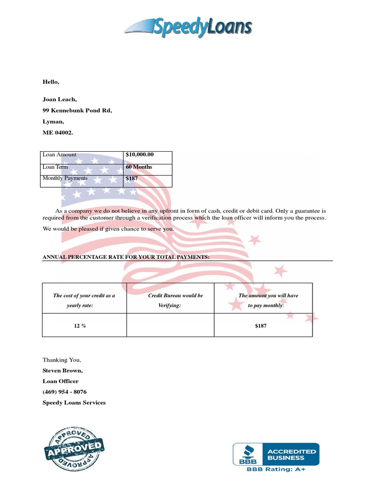 Joan Leach Approval Letter | PDF | Loans | Credit Card