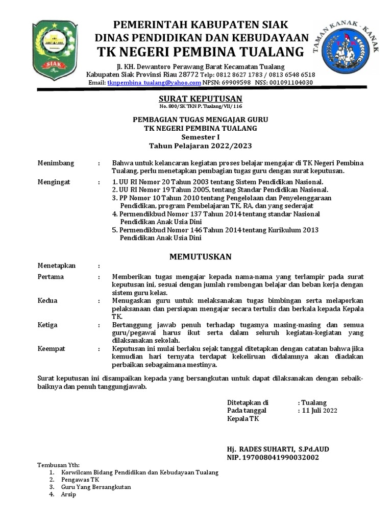 SK Pembagian Tugas Guru 2022-2023 | PDF