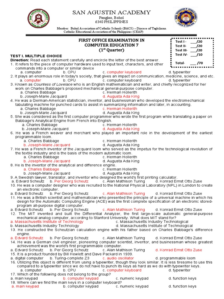 Comp7 Ans - Key Sept Exam 1st Set | PDF | Computing | Computer Science