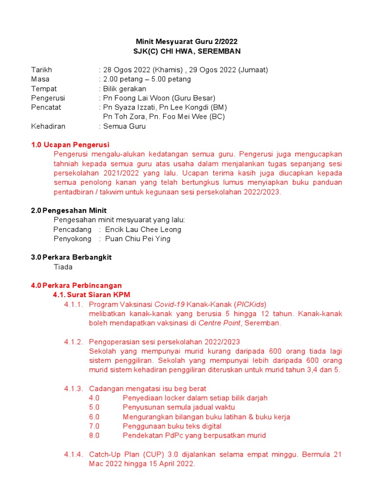 Minit Mesyuarat Guru Kali Kedua 2022 | PDF