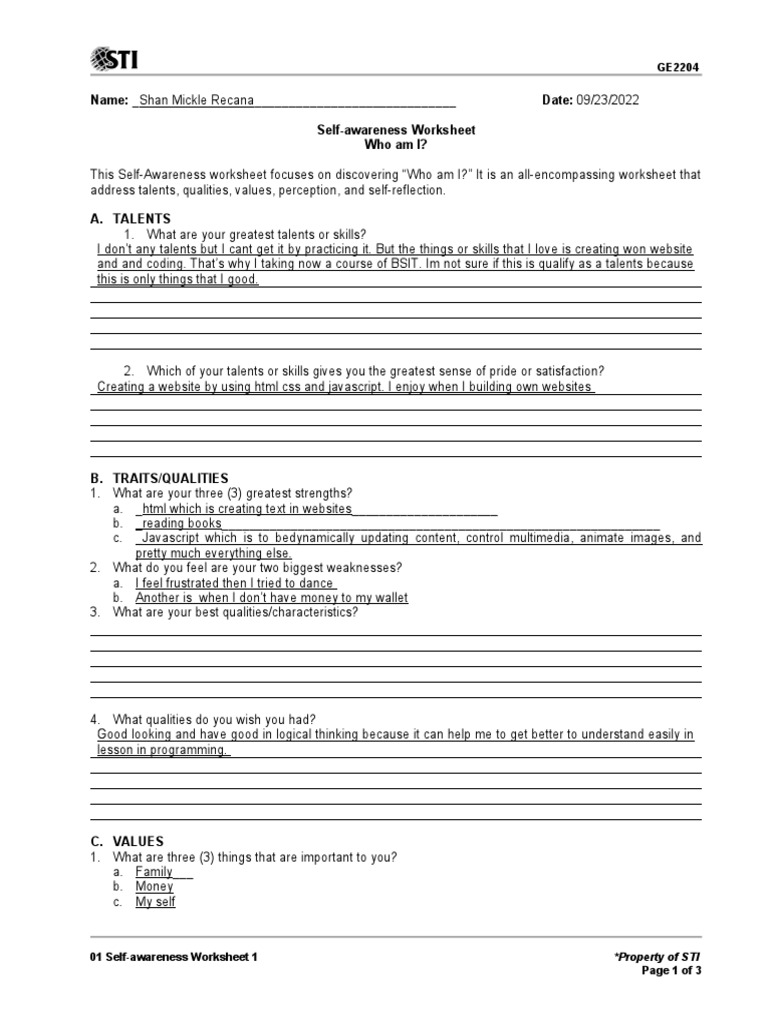 Self-Awareness Worksheet Guide | PDF | Cognitive Science ...