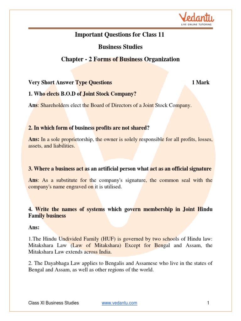 Important Questions For CBSE Class 11 Business Studies Chapter 2 | PDF ...