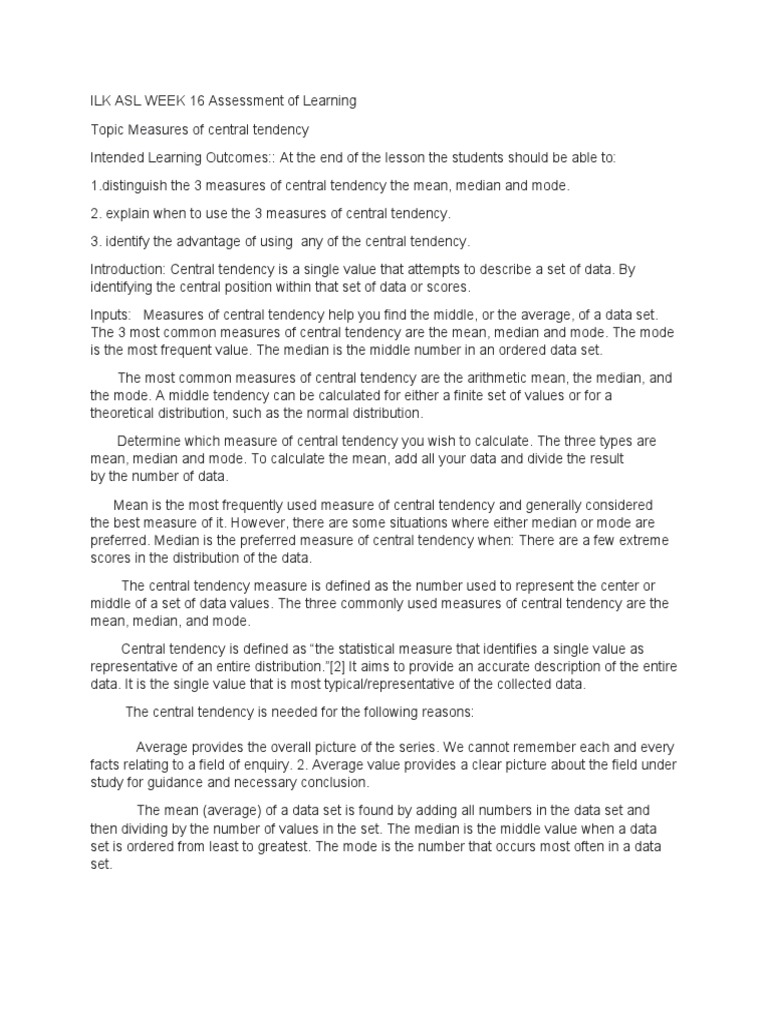 Ilk Asl Week 16 Measures of Central Tendency | PDF | Mode (Statistics ...