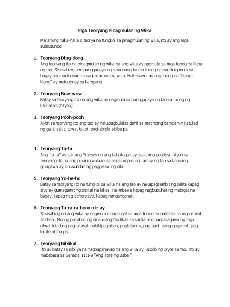 Mga Teoryang Pinagmulan NG Wika | PDF