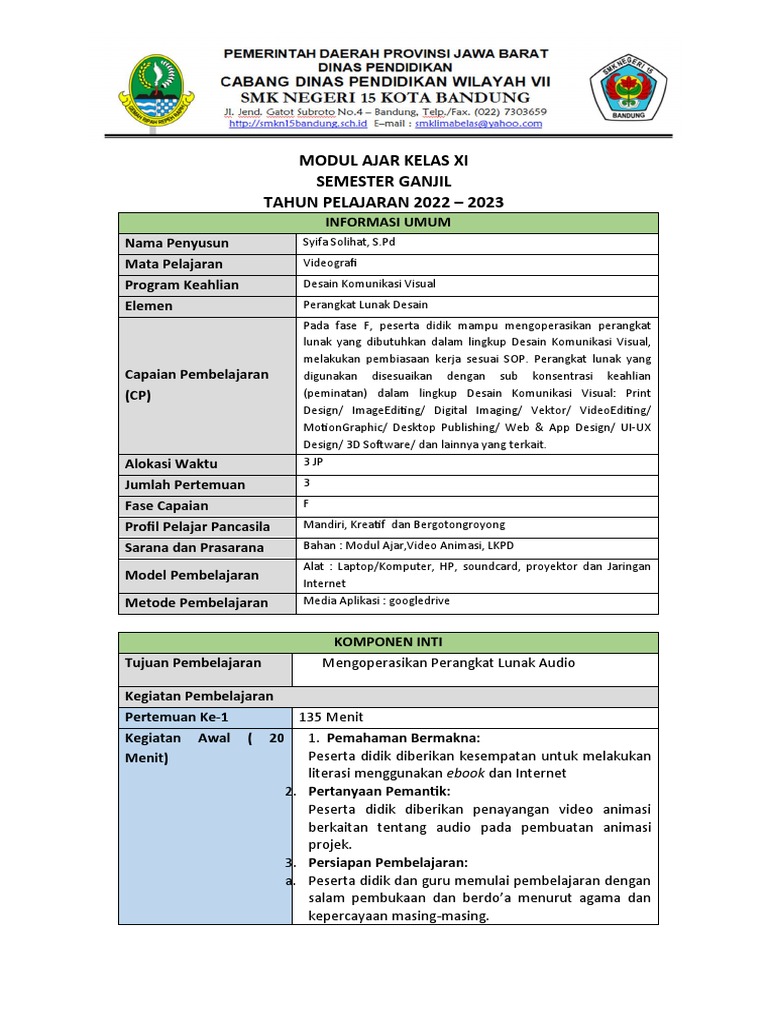 Modul Ajar Videografi Kelas XI | PDF