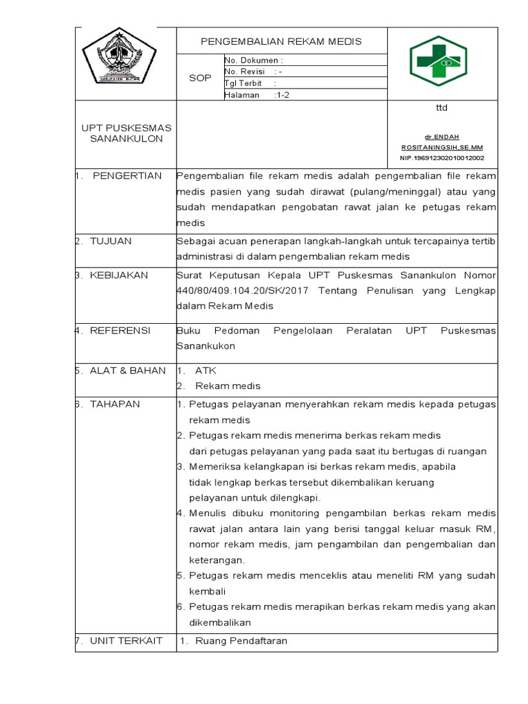 SOP Pengembalian Rekam Medis | PDF