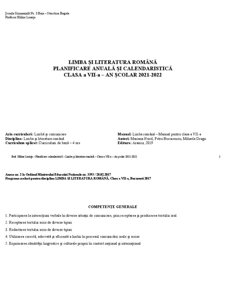 Planificare LB - Romana Cl.7 20212022 | PDF