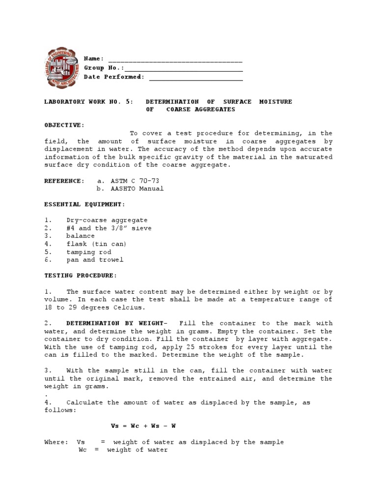 CMT Laboratory 5 Determination of Surface Moisture of Coarse Aggregates ...