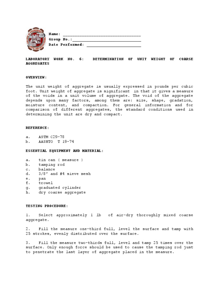 CMT Laboratory 6 Unit Weight of Coarse Aggregates | PDF | Concrete | Weight