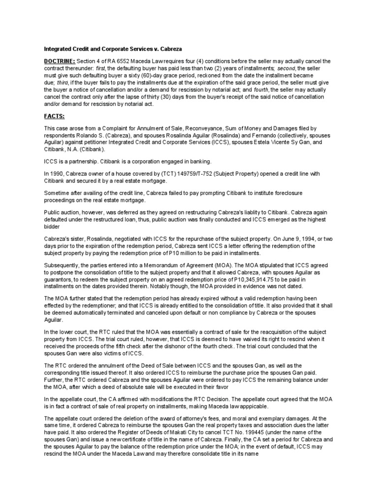 Integrated Credit and Corporate Services V Cabreza - Punzalan | PDF ...