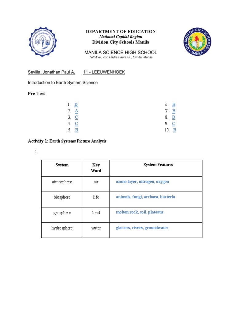SEVILLA - Introduction To Earth System Science Answer Sheet - Earth Science 11 | PDF | Earth | Cloud