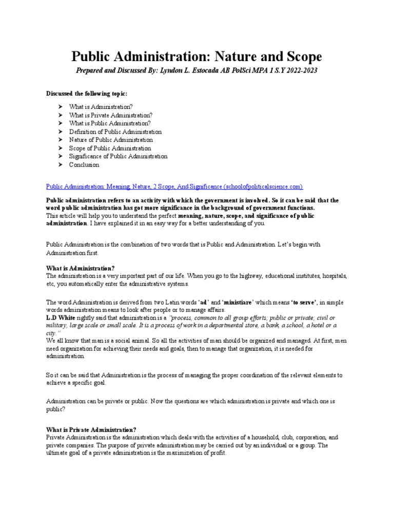 Nature and Scope of Public Administration | PDF | Public Administration ...