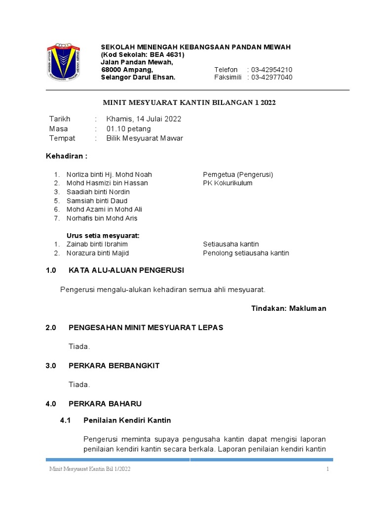 Minit Mesyuarat Kantin Bil.1.2022 | PDF