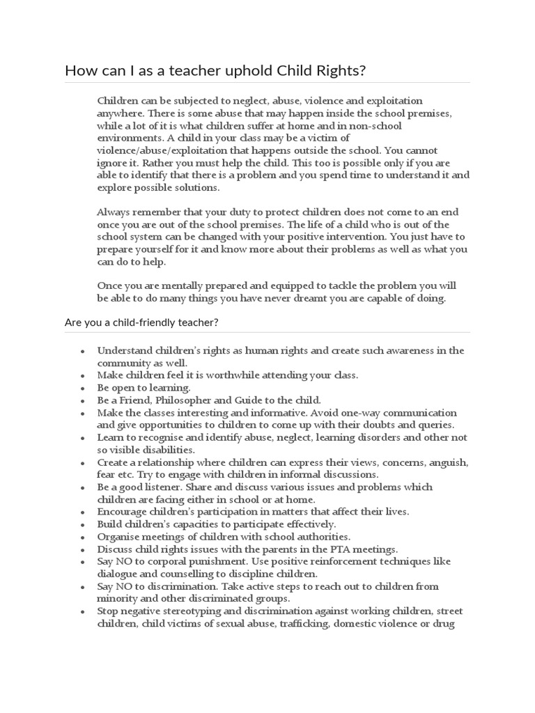 How Can I As A Teacher Uphold Child Rights | PDF | Violence | Children ...