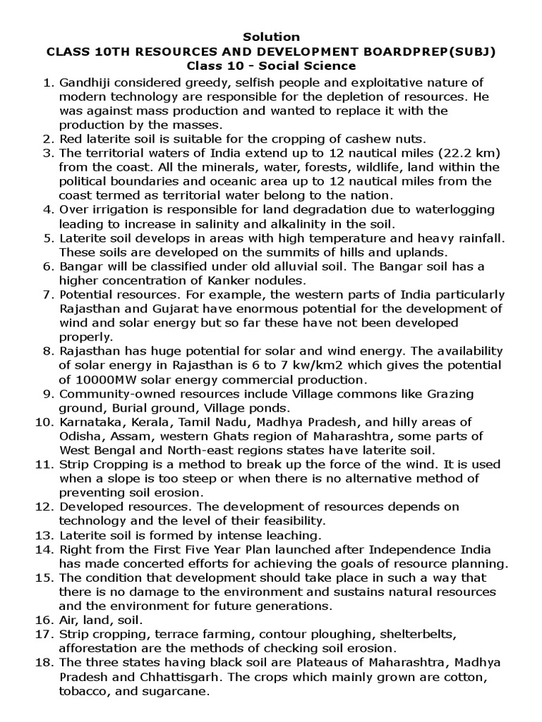 Class 10th Resources and Development BoardPrep Solution | PDF ...