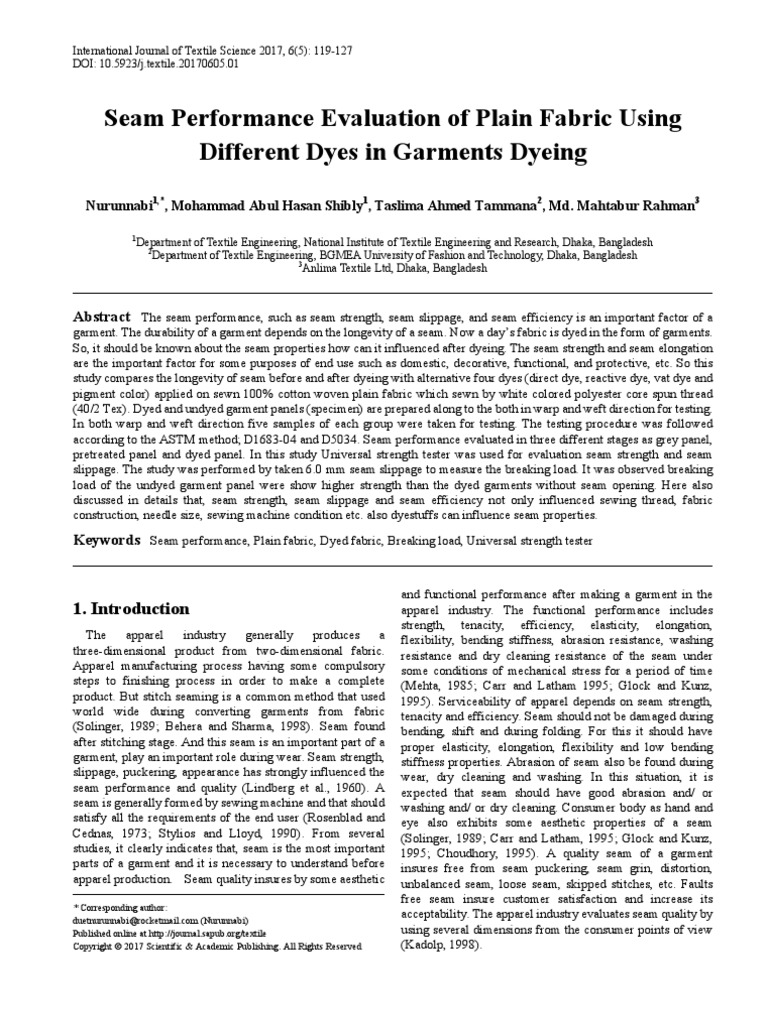 Seam Performance Evaluation of Plain Fabric Using | PDF | Dyeing | Textiles