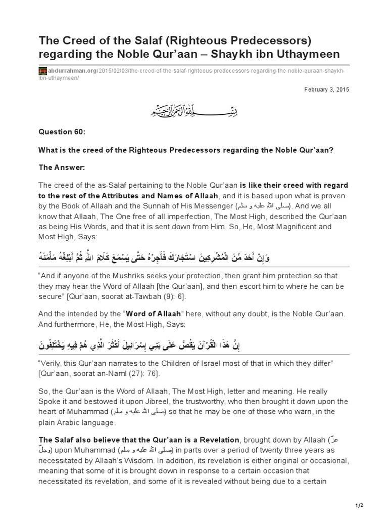 The Creed of The Salaf Righteous Predecessors Regarding The Noble ...