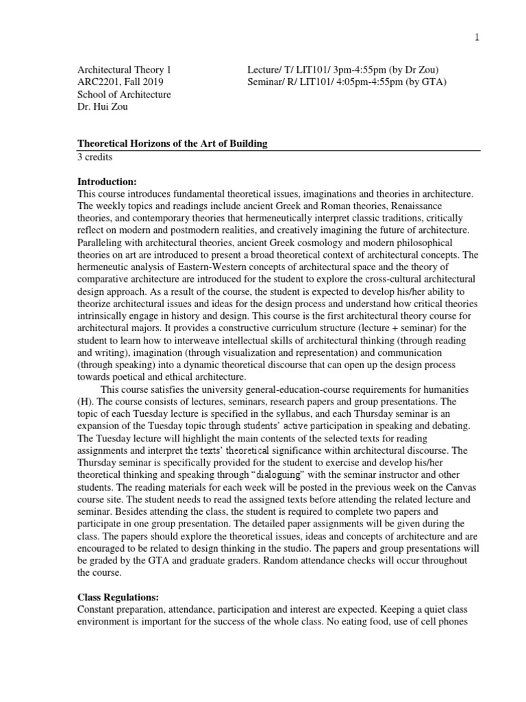 Zou Syllabus ARC2201 T1 Fall 2019 | PDF | Theory | Lecture Zou Syllabus ARC2201 T1 Fall 2019 | PDF | Theory | Lecture