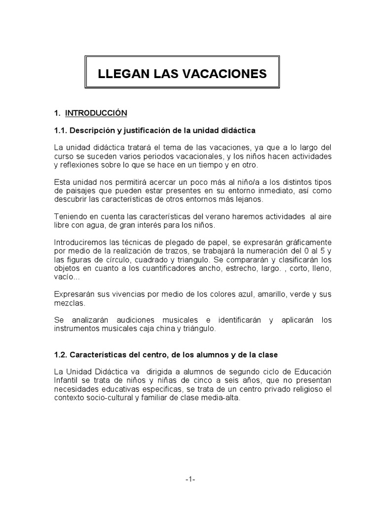 Unidad Didactica Las Vacaciones | PDF | Evaluación | Plan de estudios