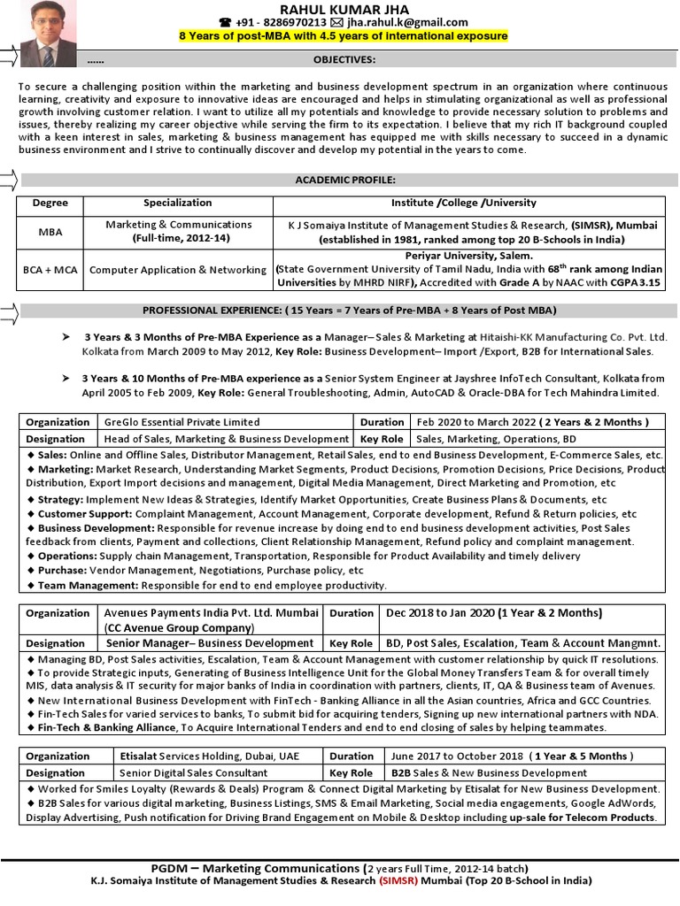 CV Rahul+Kumar+Jha-exp+15+years | PDF | Sales | Marketing