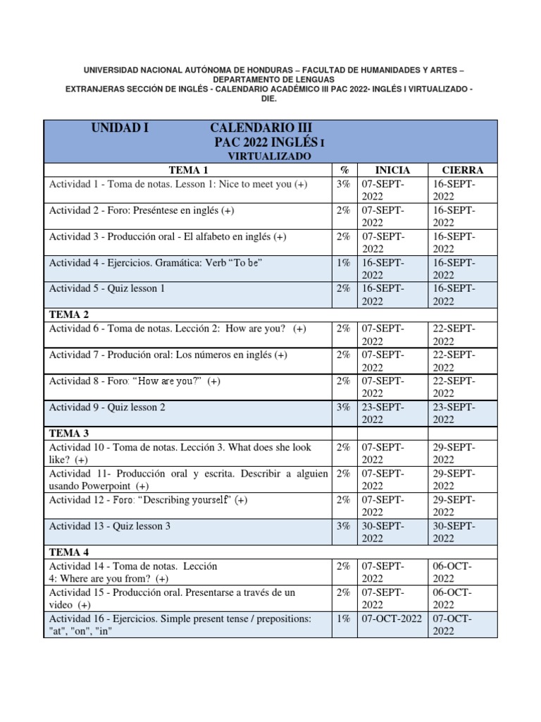Calendario Academivo In-101 Virtualizado Iii Pac 2022 | PDF