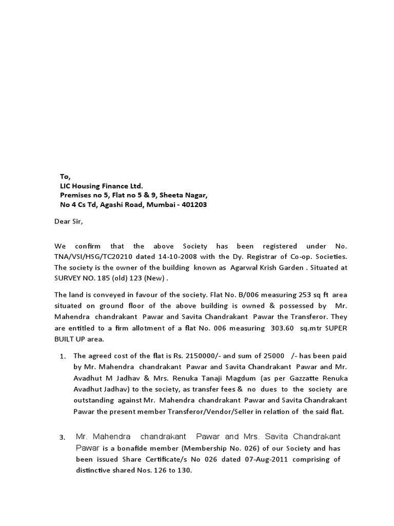 LIC Society Resale NOC | PDF | Business | Law And Economics