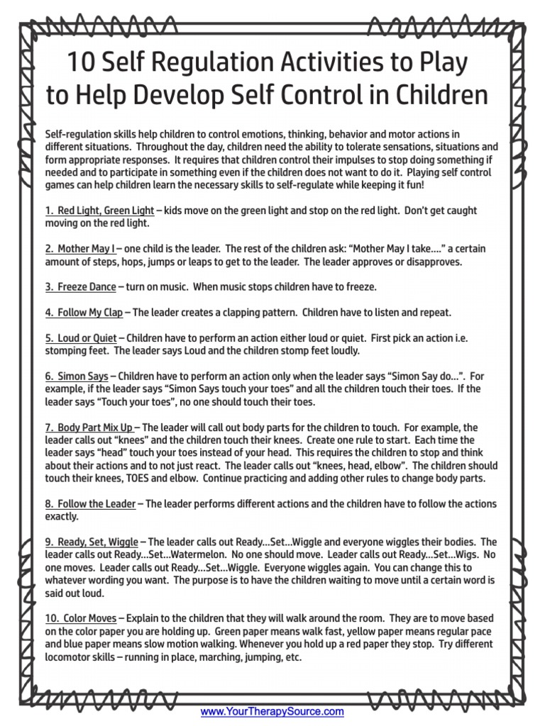 10 Self Control Games Printable Hand Out From Your Therapy Source | PDF ...