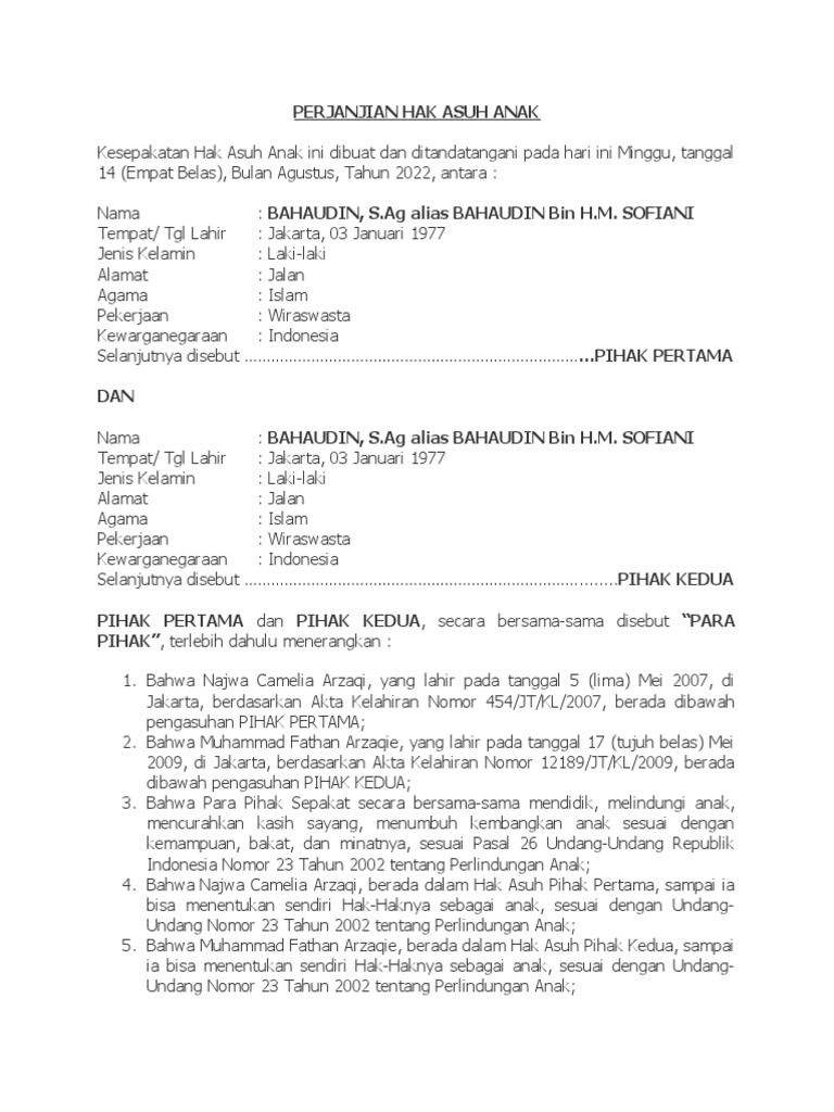 Surat Perjanjian Hak Asuh Anak | PDF