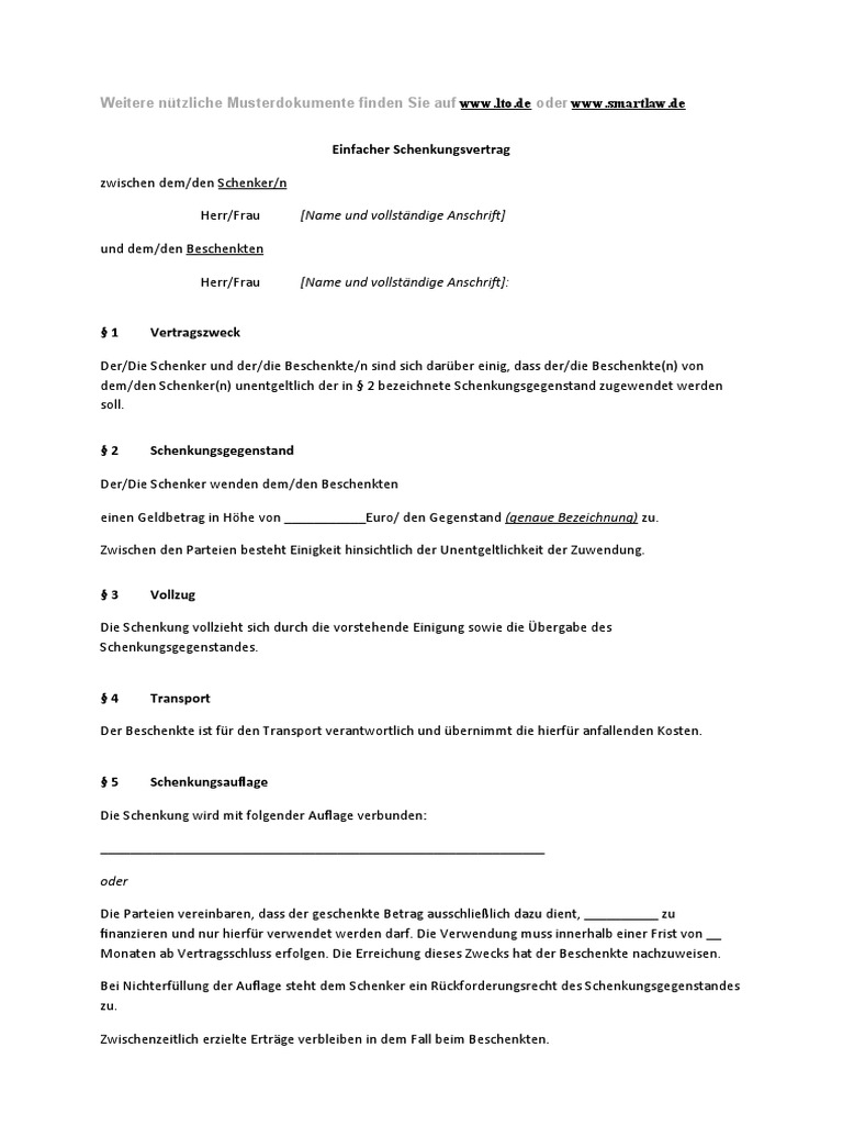 Schenkungsvertrag Muster Kostenlos 40 Vorlagen Zur Vorsorge: