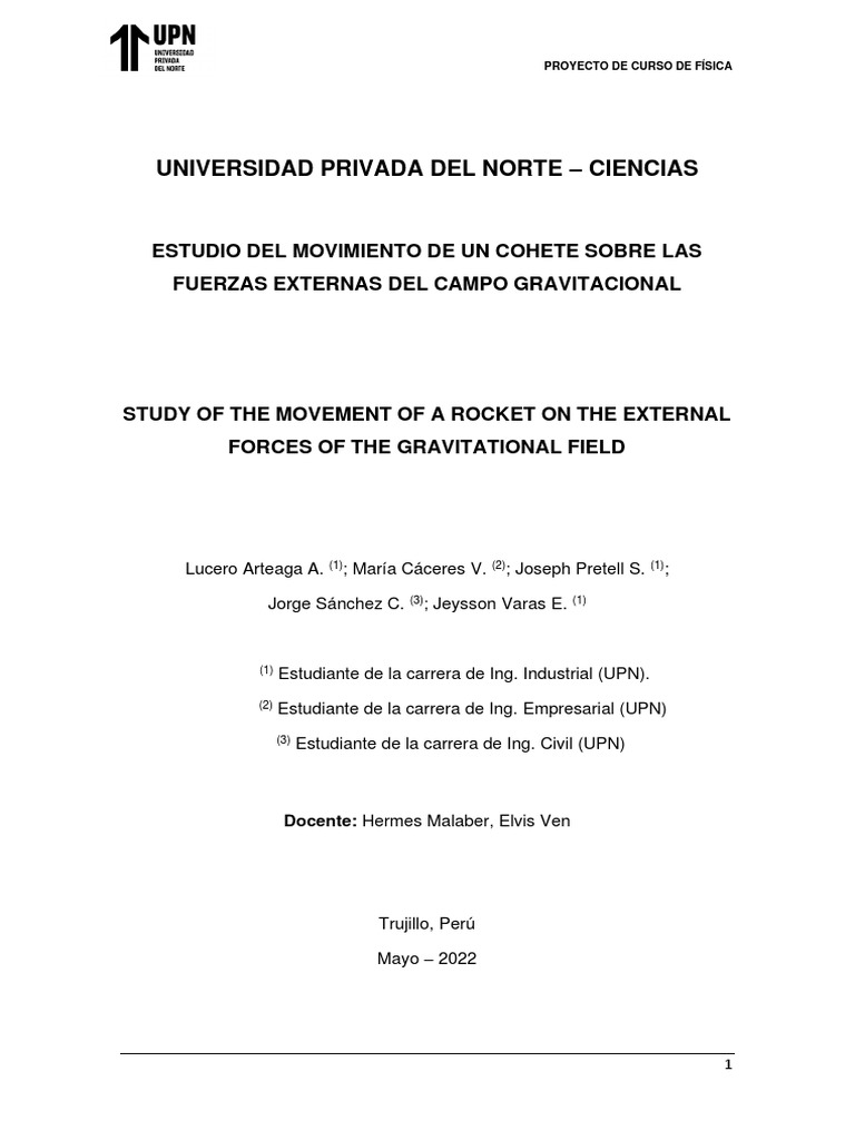 Estudio Del Movimiento de Un Cohete Sobre Las Fuerzas Externas Del ...