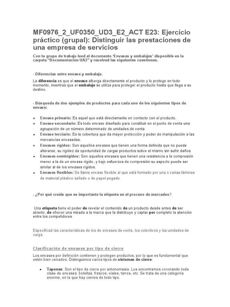 E23 Ejercicio Práctico Distinguir Las Prestaciones de Una Empresa de ...