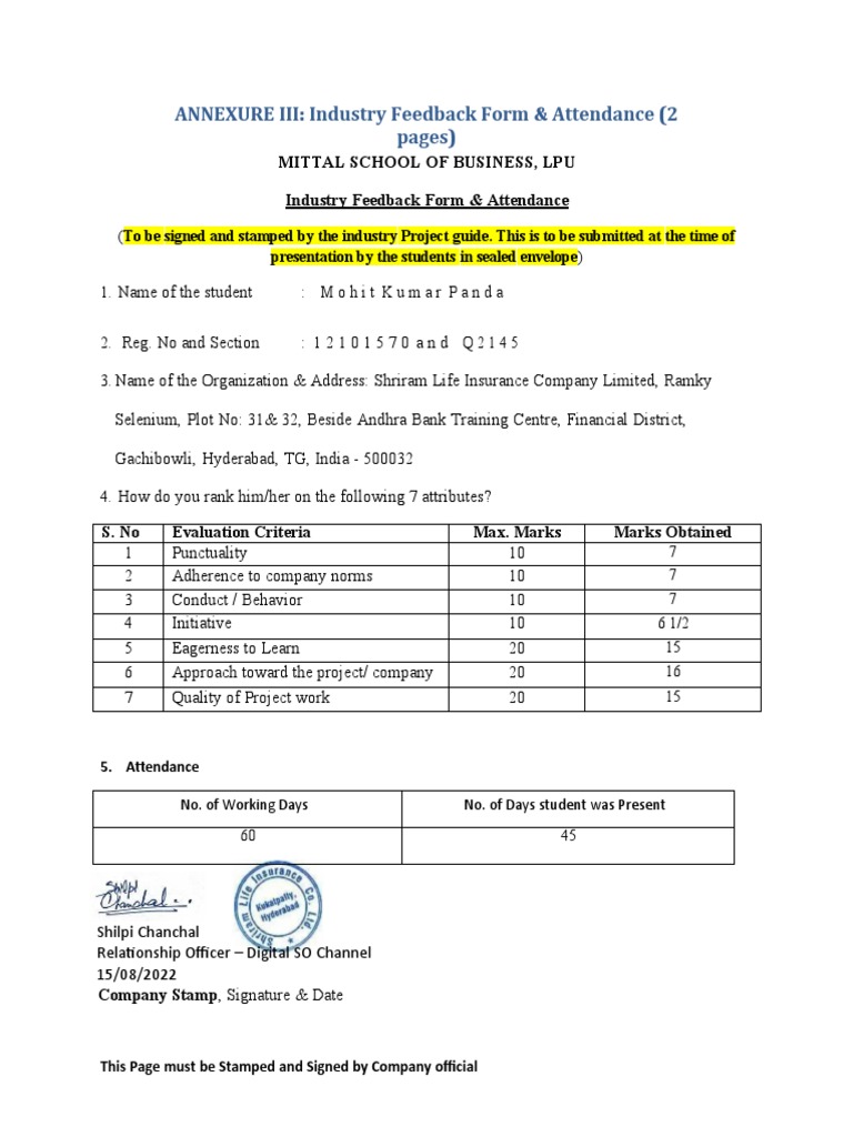 Feedback Form Shriram LIC | PDF | Behavioural Sciences | Psychological Concepts