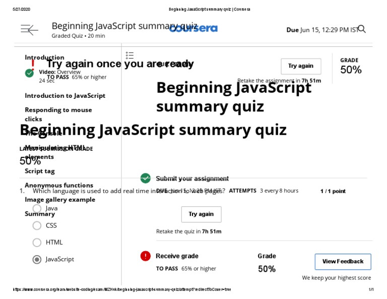 Beginning Javascript Summary Quiz Coursera Pdf Java Script World Wide Web