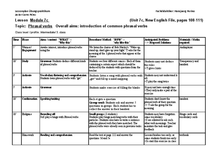 Intermediate Phrasal Verbs Lesson Plan | PDF