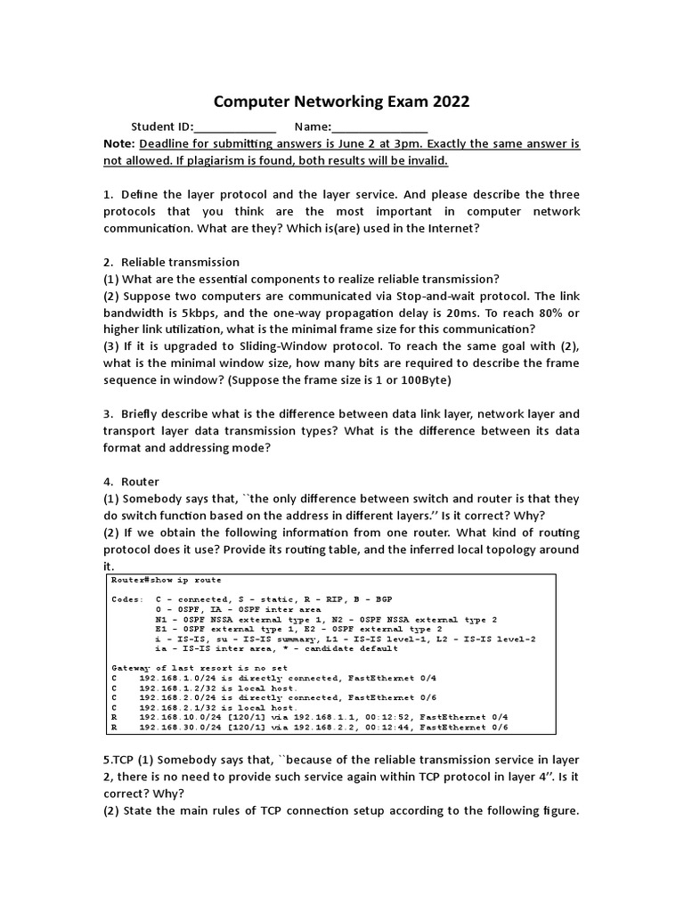 2022 Computer Networking Course Exam Paper | PDF | Computer Network ...