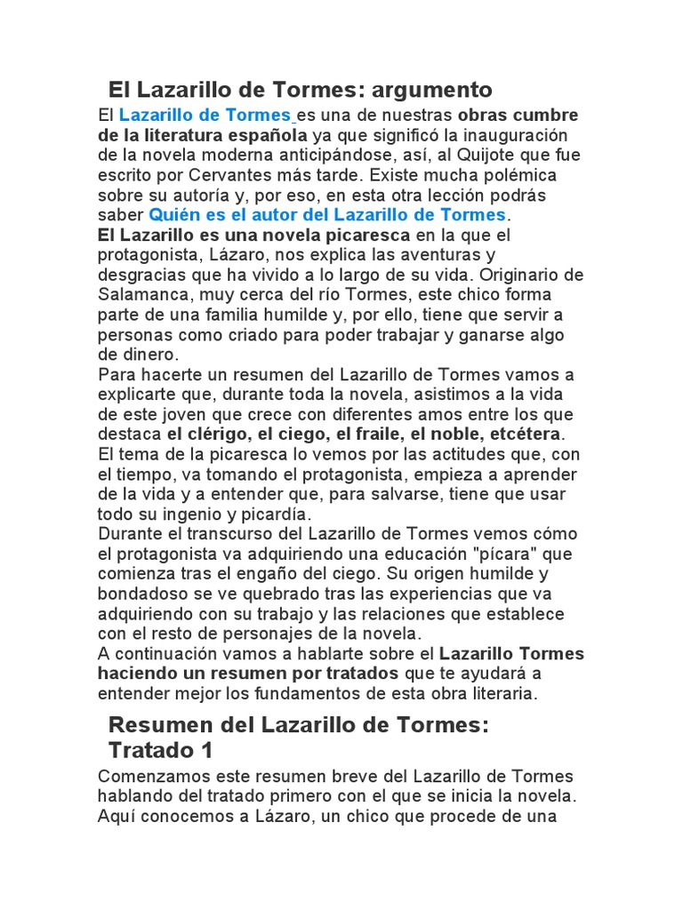 El Lazarillo de Tormes Cuarto de Secundaria Resumen Con Preguntas | PDF ...