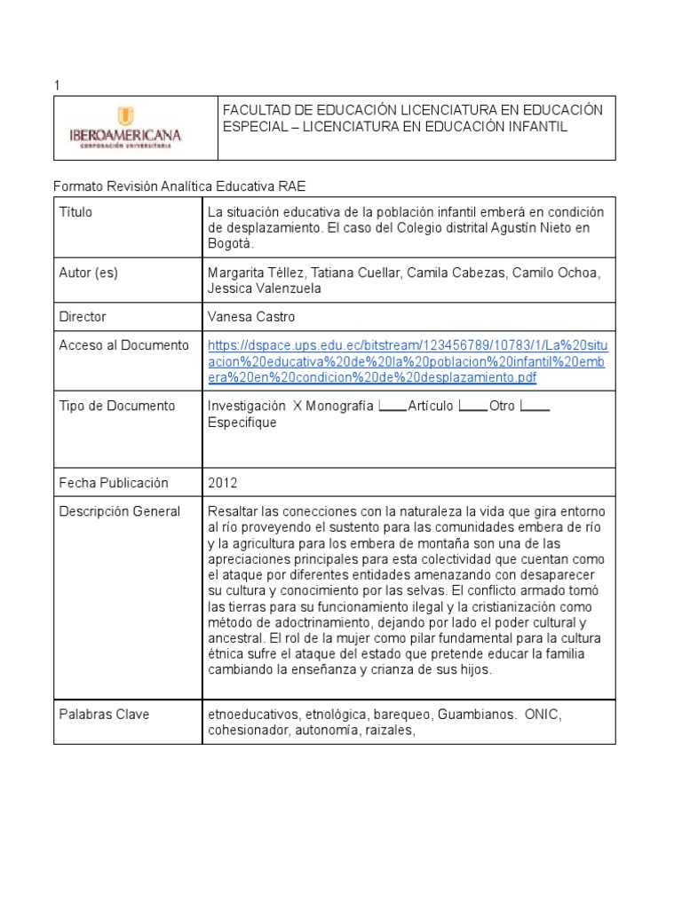Formato RAE | PDF | Colombia | Educación de la primera infancia