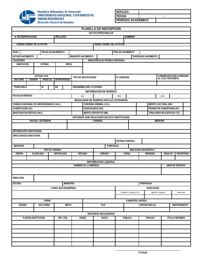 Planilla de Inscripcion - Unesr Nuevo Ingreso | PDF