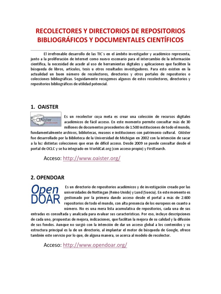 Recolectores y Directorios de Repositorios Bibliográficos Cient | PDF | Acceso abierto