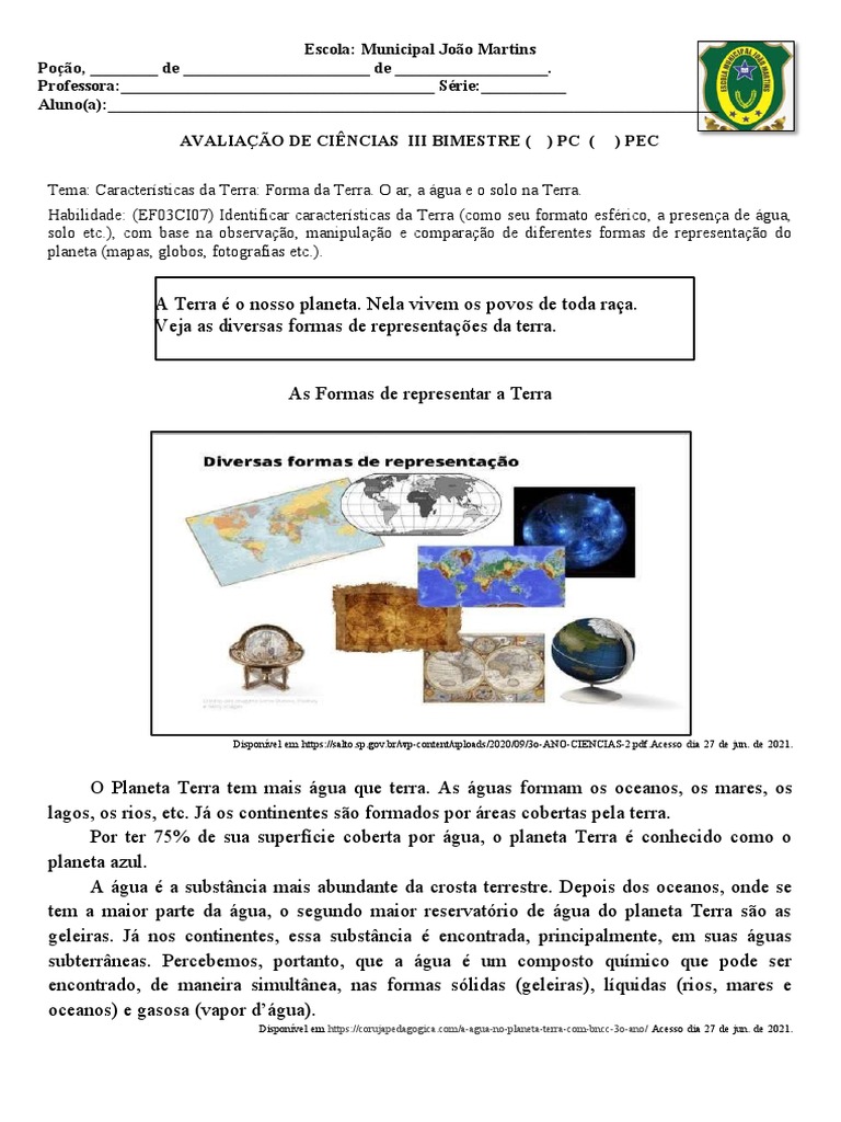 Atividade 13 3 o Ano Ciencia Da Natureza Tema Caracteristicas Da Terra Forma Da Terra. O Ar A ...