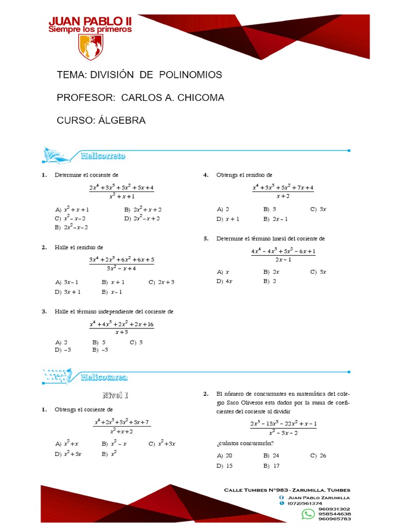 DIVISION DE POLINOMIOS Álgebra 2do | PDF | Matemáticas | Álgebra abstracta