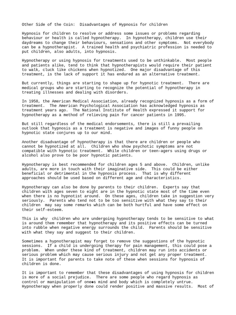 Other Side of The Coin Disadvantages of Hypnosis For Children | PDF ...
